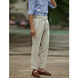 Snoly Men's Summer Retro Lightweight Linen Gurkha Trousers Tapered Leg Straight Flat Front Chino Pant (as1, Alpha, l, Regular, Regular, Beige, Regular)