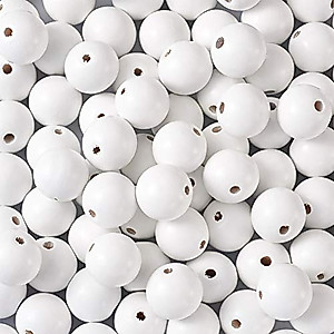 100pcs Painted White Wood Beads 25mm Round European Large Hole Beads Natural Wooden Painted Loose Spacer Ball Beads with 5.5mm Large Hole Beads Charms for DIY Jewelry Making Home Decor