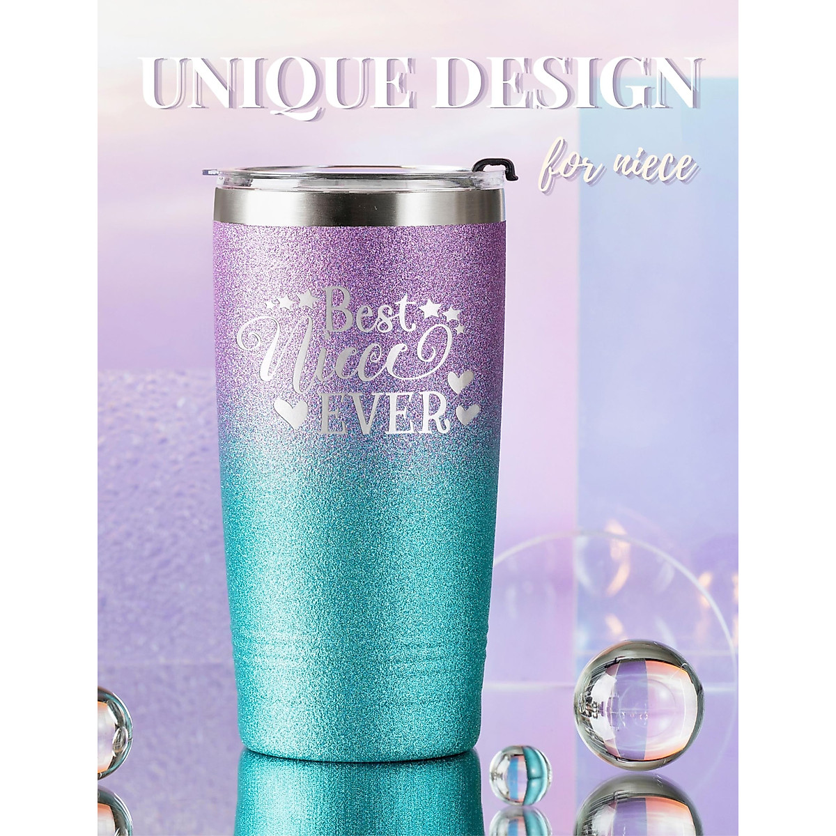 Onebttl Niece Gifts from Aunt, Insulated Stainless Steel Coffee Mug Tumbler with Lid and Straw, from Uncle, Perfect for Birthday, Christmas, 20oz/590ml, Purple Blue Glitter - Best Niece Ever