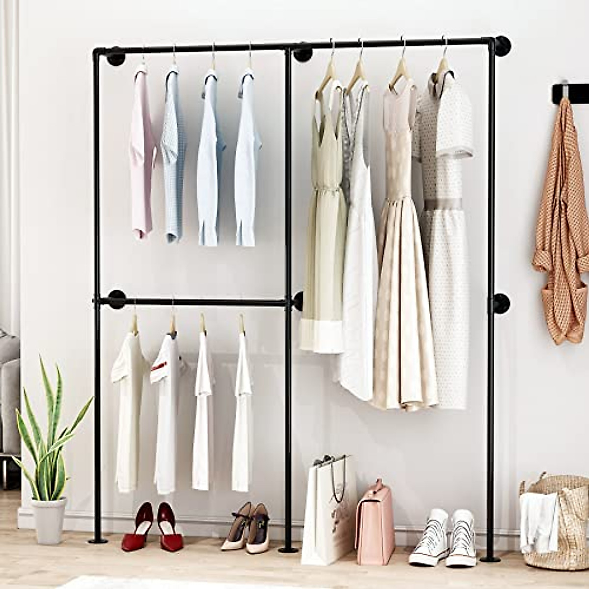 DR.IRON Industrial Pipe Clothing Racks with Double Bar, Industrial Black Clothes Racks Wall Mounted, Heavy Duty Closet Rods for Hanging Clothes Organizer Storage