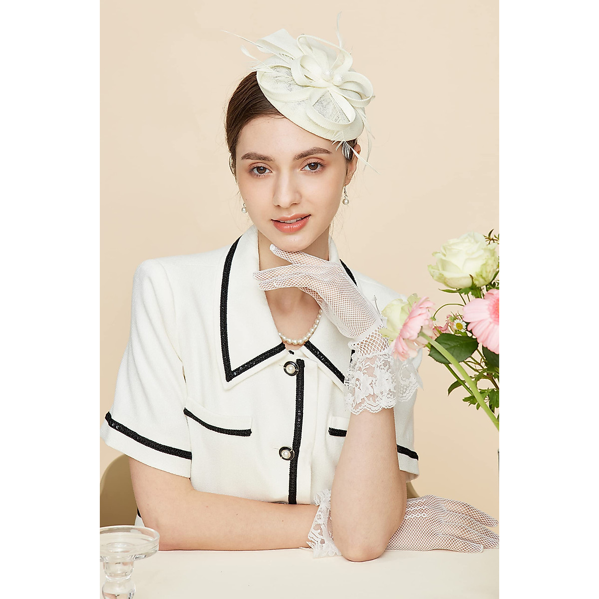 Gionforsy Pillbox Fascinator Veil Feather Derby Hat Lace Gloves Pearl Necklace