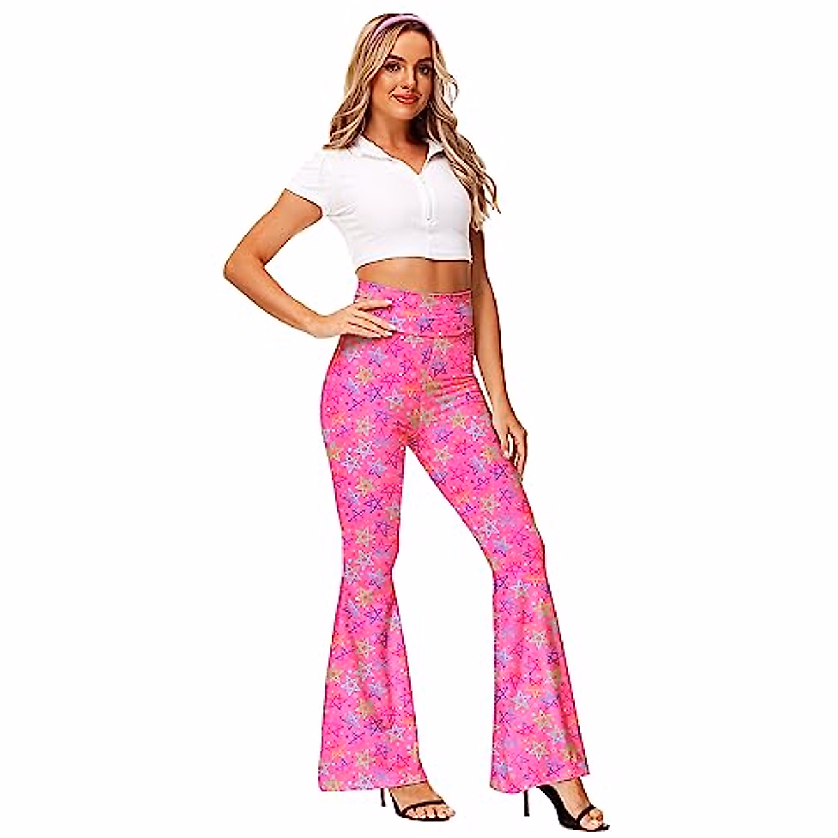 Flare Pants for Women 70s 80s Bar-bie Costume Bell Bottom Pink Disco Hippie Pants S