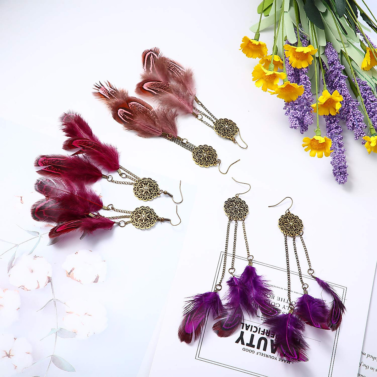 6 Pairs Women Faux Feather Earrings Dream Catcher Earring Bohemian Fringe Tassel Long Drop Dangle Earrings Set with Design for Women (Style 2)