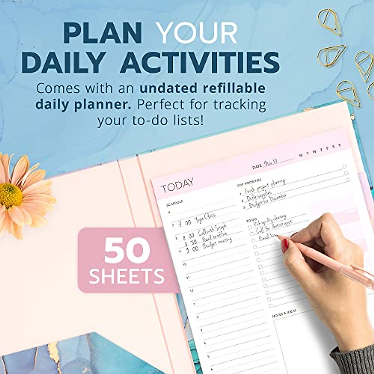 Blue Clipboard Folio with Daily Planner To Do List Notepad, Cute Clipboard Folder, Office Gift for Women, Teal Marble Clipfolio, Pastel Aesthetic Notebook, Clipboard Padfolio with Pocket