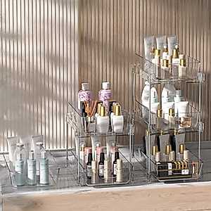 WUHUIXOZ 3 Pack 2 Tier Clear Under Bathroom Sink Organizers and Storage, Medicine Cabinet Organizer with Dividers, Pull Out Kitchen Pantry Shelf Cupboard Closet Vanity Organization Bins