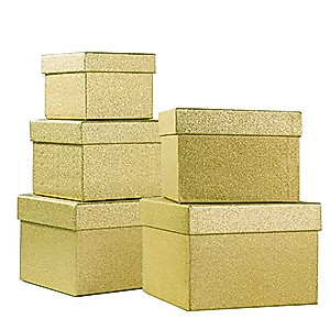PAPER FAIR 5PCS Bright Gold Glitter Nesting Gift Boxes Set, Flat Square Cardboard Storage Organizer Keepsake Box with Lid Durable Reusable, for Gift Wrapping Holiday Present Christmas Birthday, Assorted Size
