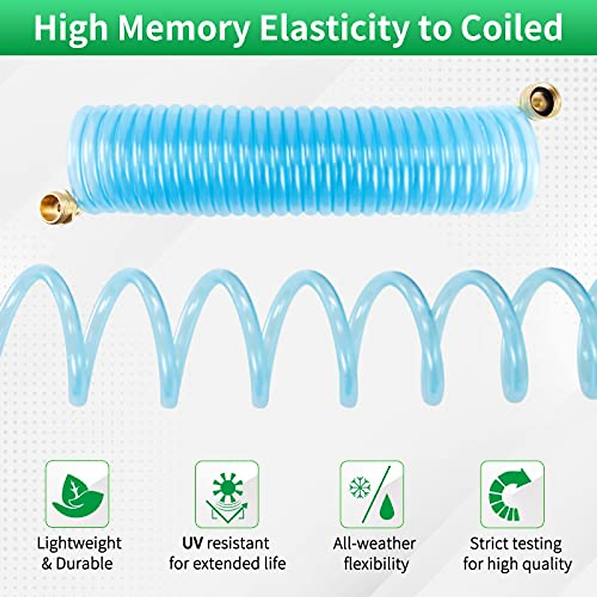 Yereen Coil Garden Hose 25FT, EVA Recoil Garden Hose, Transparent Self-coiling Water Hose with 3/4" Brass Connector Fittings with 10 Function Spray Nozzle, Blue