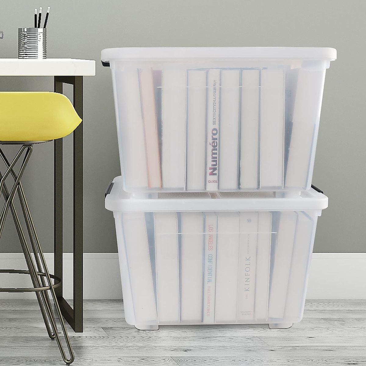 Julyeen 42 L Clear Latching Storage Bin with Lid, 4 Packs Large Plastic Storage Boxes on Wheels