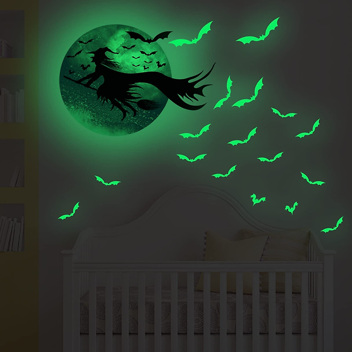 Halloween Decoration Sticker Glow in The Dark Bedroom Decals for Decoration Wall Sticker Visualization Luminous Stickers (Witch/Bats)