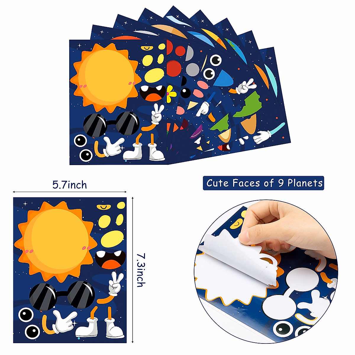 WATINC 45pcs Make Your Own Planet Stickers Games, 9 Planets Solar System Birthday Party Favor Stickers for Kids, DIY Outer Space Make a Face Sticker for Children, Craft Kit Toy for Kids Party Supplies