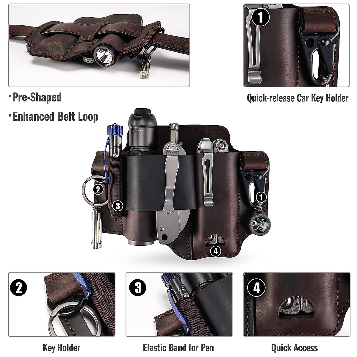 Leather Multitool Sheath - EDC Belt Organizer for Leatherman Tools, Flashlight, Pen, and Keychain Clip, Durable and Stylish, Great for Work and Daily Use, Ideal Gift for Men