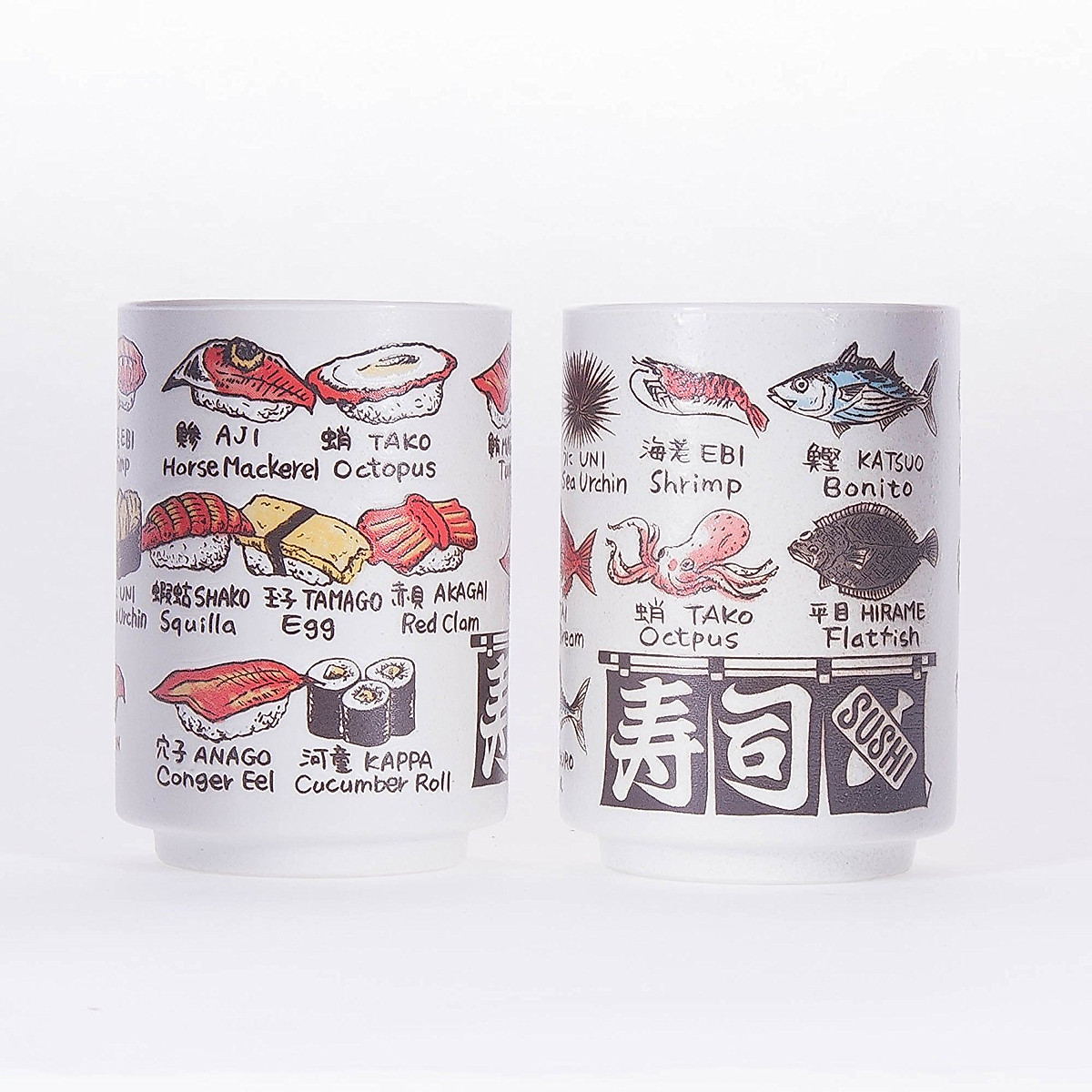 Japanese tea cup, Sushi-yunomi, ceramic, printed sushi and fish names and by English and Kanji, set of 2