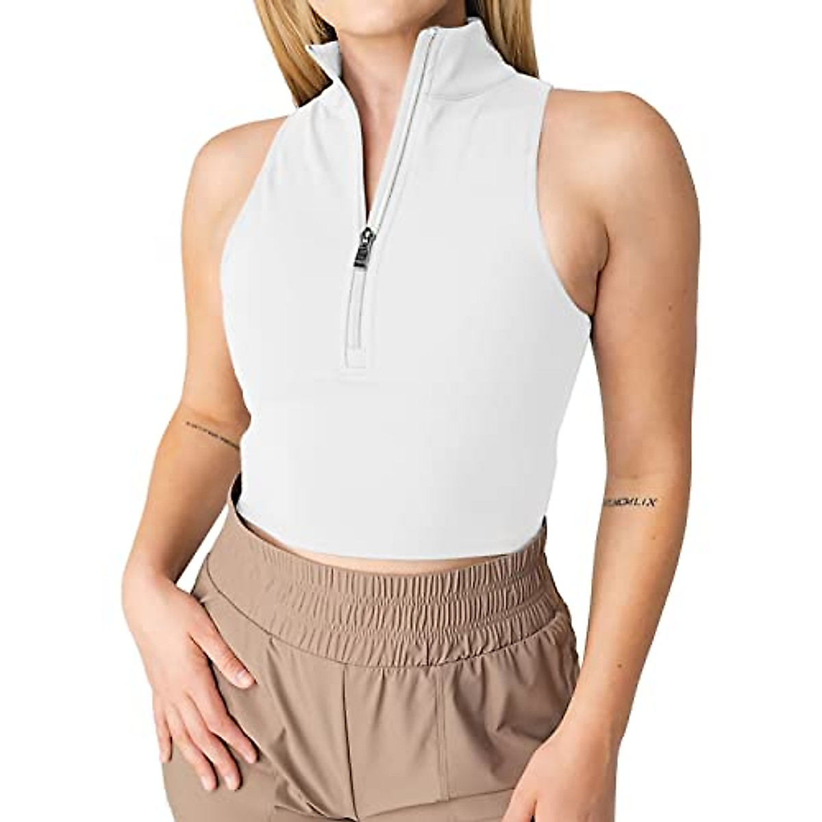 LASLULU Womens Crop Tops Half Zip Up Sleeveless Yoga Tops Compression Summer Athletic Shirts Sports Bra Seamless Workout Gym Pullover Going Out Tops(White Large)