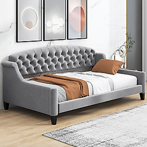 LZ LEISURE ZONE Twin Daybed, Twin Size Luxury Tufted Button Daybed, Upholstered Twin Daybed Frame, Sofa Bed for Bedroom Living Room, Grey