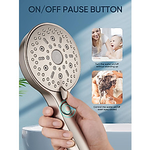 Heemli 12 Functions Shower Head with handheld, High Pressure Detachable Shower Head Set with Hose/ON/Off Button for Pets Dog Bath, Adjustable Bracket Rubber Washers Brushed Nickel