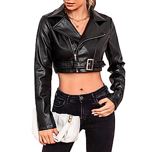 WDIRARA Women's PU Leather Zipper Buckle Belted Long Sleeve Motorcycle Crop Jacket Black L