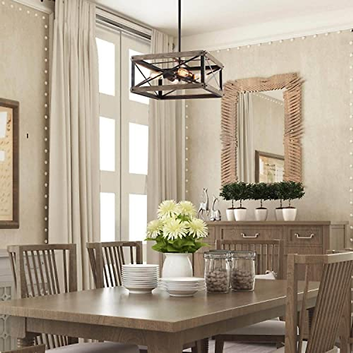 LNC Farmhouse Chandelier, Rustic Wood Cage Square Light Fixture for Dining & Living Room, Bedroom, Foyer, Entryway and Kitchen Island,Brown