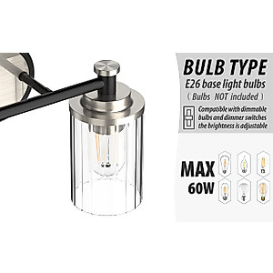 PHIXART Bathroom Lighting Fixtures Black and Brushed Nickel Bathroom Vanity Light with Cylindrical Clear Stripes Glass Lampshade E26 Socket Base Bathroom Lighting Fixtures Over Mirror (3 Lights)