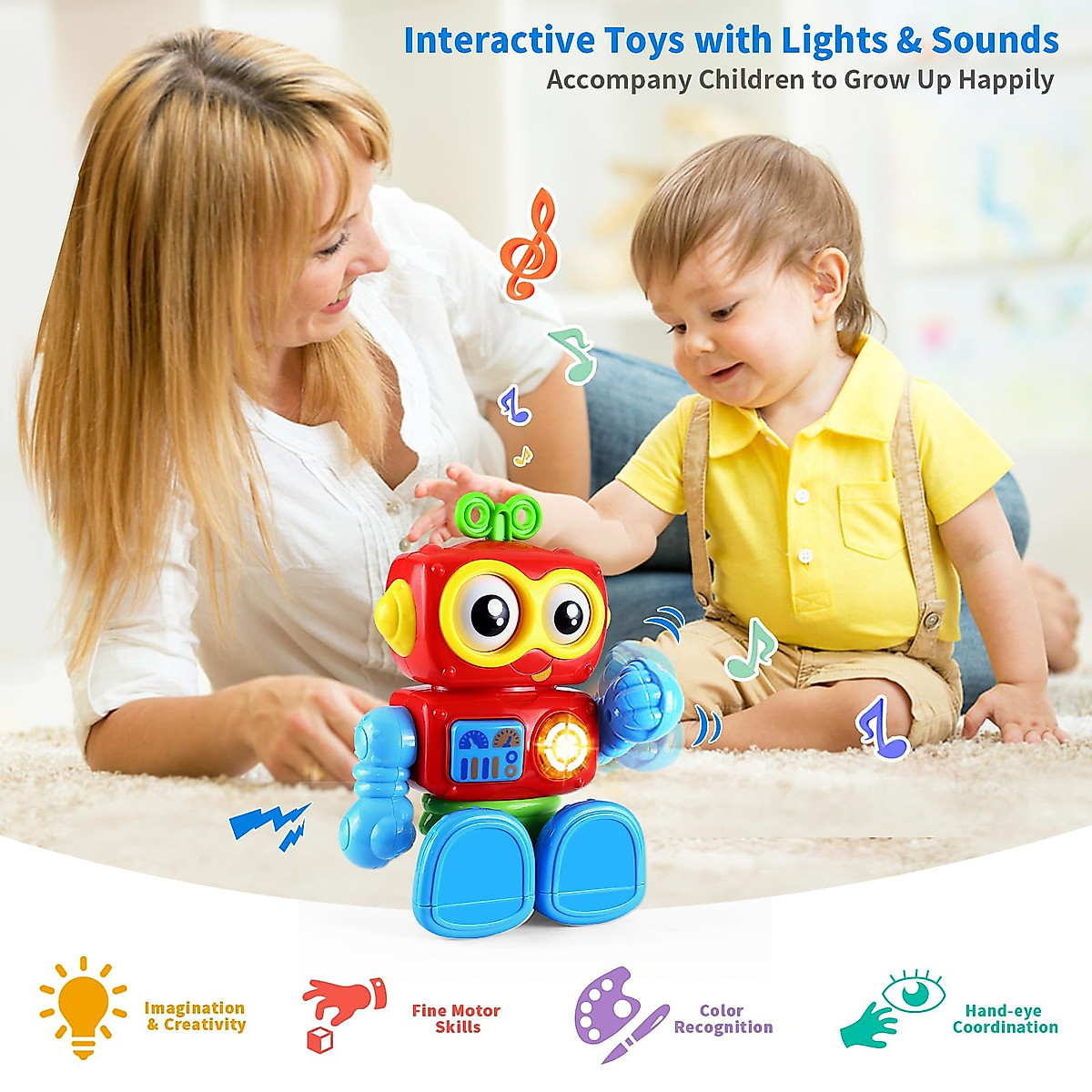 Yerloa Toddler Robot Toys for 1 Year Old Boy Christmas Stocking Stuffers, One Year Old Boy Birthday Gift, Baby Boy Toys 12-18 Months Music Light Up 12M Travel Interactive Learning Kids Toys 2 Year Old