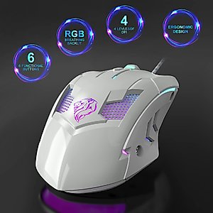 aMZCaSE Wired Mouse, RGB Optical Computer Mouse, USB Corded Mouse with 6 Buttons, 7200 DPI Adjustable Office and Home Wired Gaming Mouse for Laptop Windows PC Desktop Notebook-White