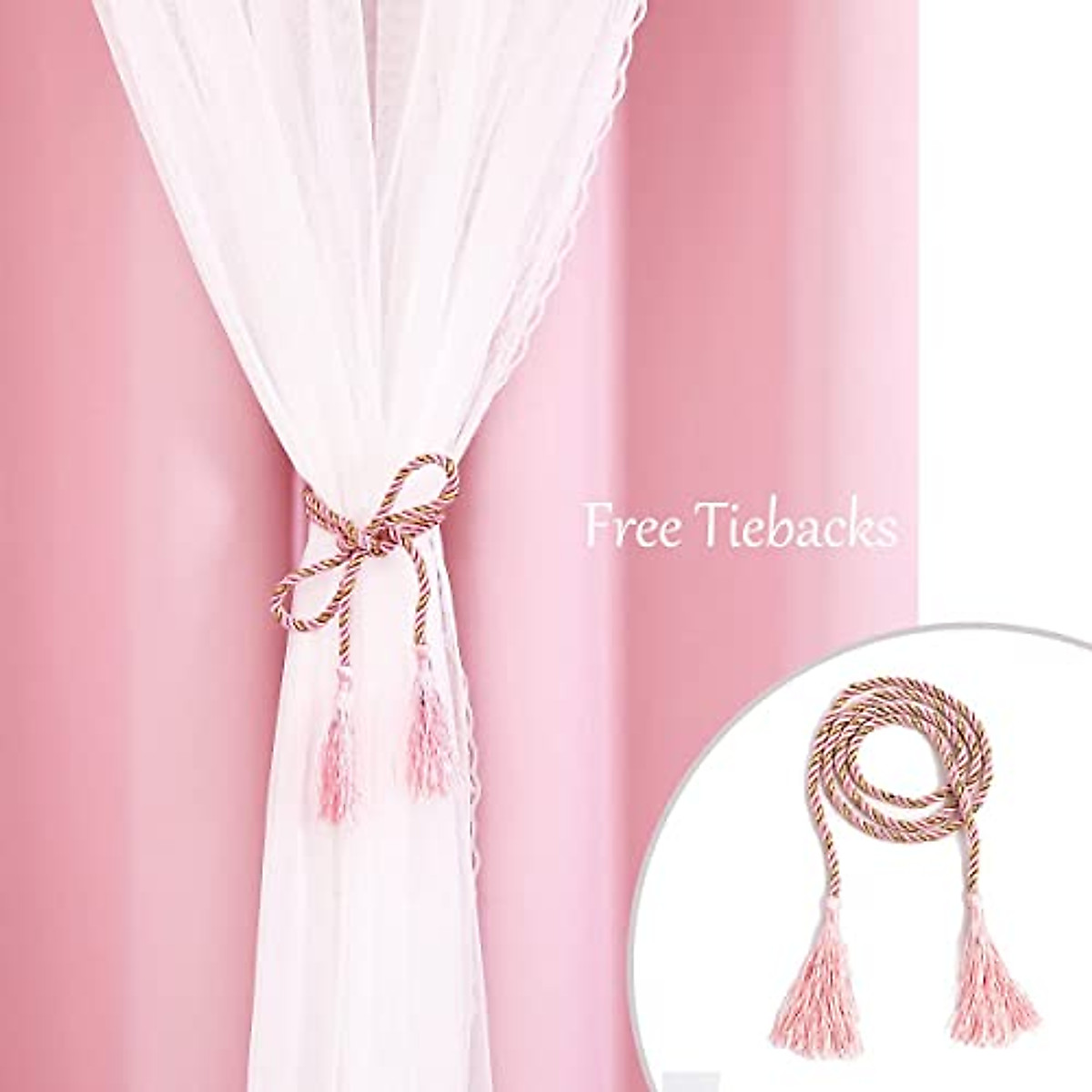 SOFJAGETQ Double Layered Blackout Pink Curtains - Princess Girls Curtains & Draperies Panels for Kids Bedroom Living Room Nursery Pink Lace Hem Room Darkening Curtains, 52x84 inches, 2 PCs