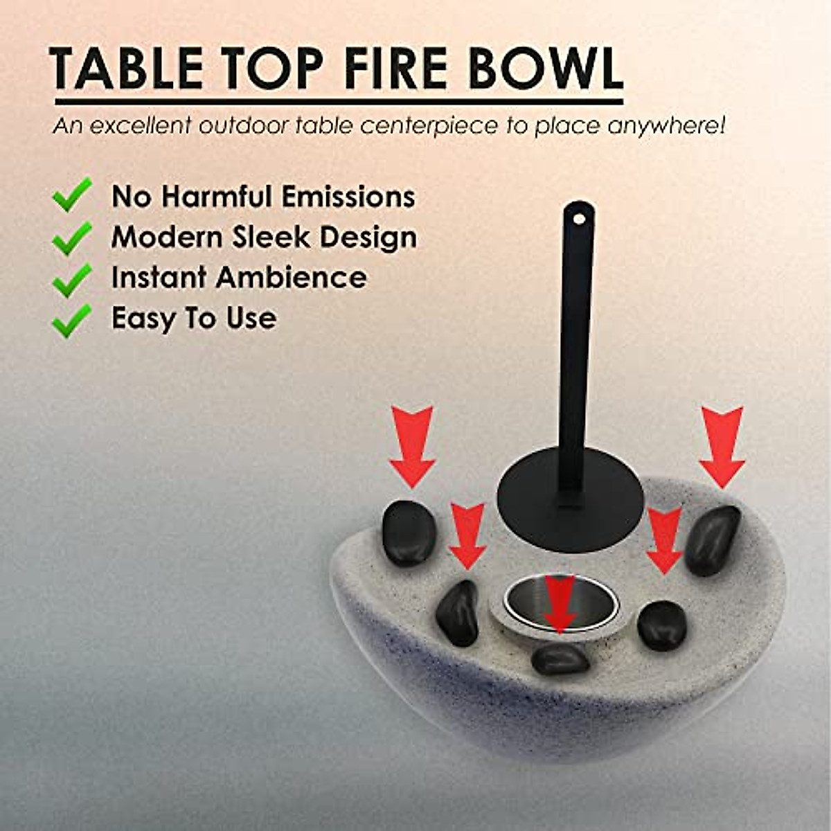 Concrete Table Top Fire Bowl, Ventless Outdoor Portable Bio Ethanol Fire Pit, Round Table Fireplace, Lightweight, For Outdoor Backyard Terrace Patio Includes 1 Canister and 500g Decorative Glass Beads