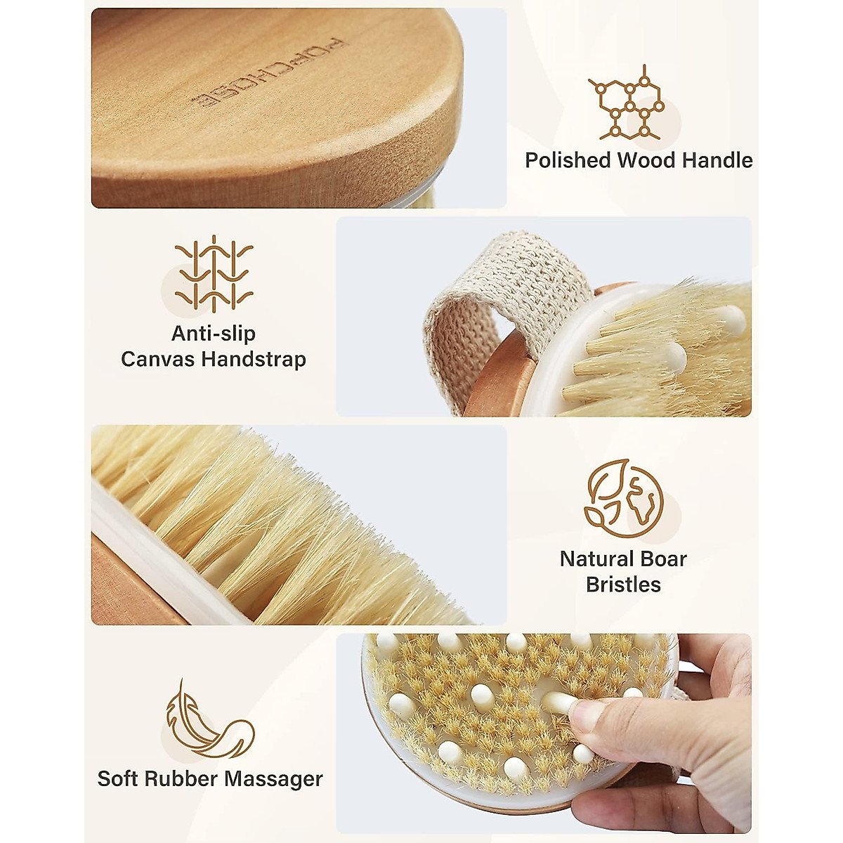 Dry Brushing Body Brush, POPCHOSE Exfoliating Body Brush for Beautiful Skin, Body Scrubber for Cellulite and Lymphatic Drainage, Blood Circulation Improvement with Natural Bristles Massage Nodules