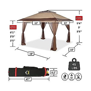 CROWN SHADES 13X13 Outdoor Pop Up Gazebo Base 10X10 Patio Gazebos Patented Center Lock Quick Setup Newly Designed Storage Bag Instant Canopy Tent with Mosquito Nettings (13x13, Beige & Coffee)