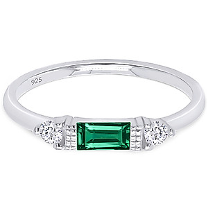 AFFY Baguette Cut Simulated Emerald And White Cubic Zirconia In 14K White Gold Plated 925 Sterling Silver Three Stone Design Bridal Engagement Wedding Ring Jewelry For Women Size -7