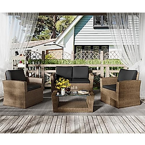 LHBcraft 4PCS Patio Furniture Set, Outdoor Conversation Sets with Rattan Chair Table, Wicker Loveseat Sofa Bistro for Garden, Pool, Backyard