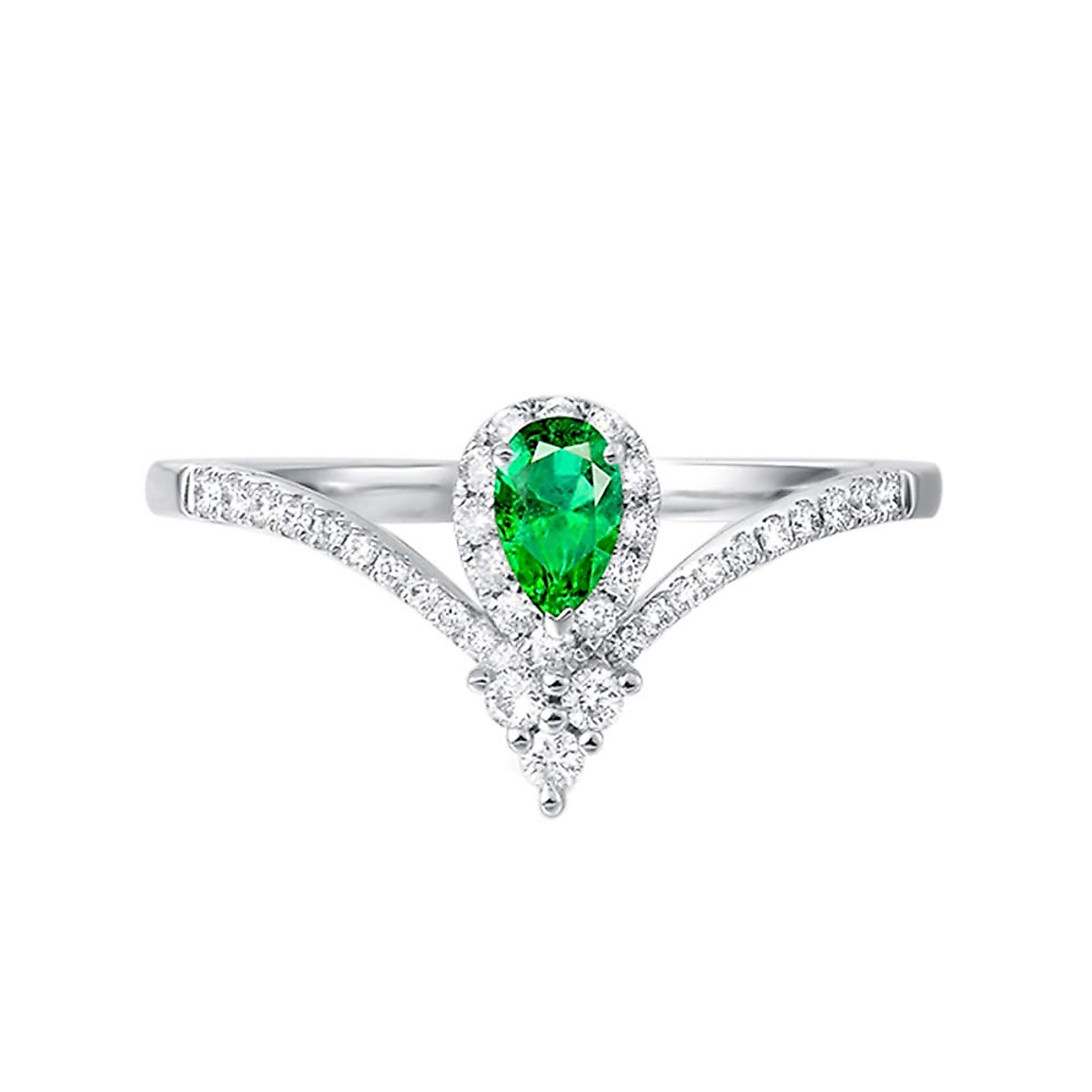 Amazing Elegant Deep V Shape Natural Emerald Gemstone Diamond Solid 14K White Gold Engagement Wedding Promise Ring for Women