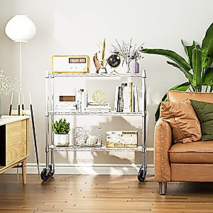 Auslar 3-Shelf Storage Shelves with Casters Heavy Duty 3-Tier Rolling Cart Utility Racks Adjustable Wire Metal Storage Shelving, Chrome