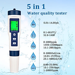 Yoption Pool Salt Tester & PH Meter, 5 in 1 Digital Salinity PH Temp EC and TDS Meter for Pool Saltwater, Drinking Water, Indoor Garden, Fish Tank, Hydroponics, Plants