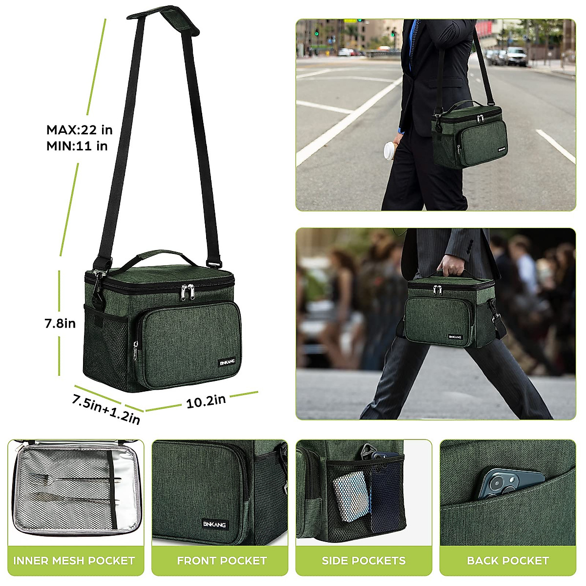 Insulated Lunch Bag Reusable Large Lunch Box for Men/Women, Leakproof Cooler Tote Portable Lunch Bag with Adjustable Shoulder Strap (Retro Green)