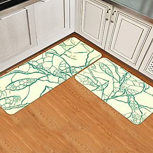 Green Yellow Kitchen Rugs Set of 2 Floor Mats, Abstract Botanical Art Hand Draw Lines Kitchen Rugs and Mats Non Skid, Cushioned Comfort Standing Mats, 24"x36"+24"x71"