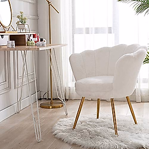 Plush Faux Fur Upholstered Living Room Chair, Comfy Mid-Century Modern Micro Fiber Vanity Chair with Gold Legs, Retro Accent Barrel Dining Chair, White