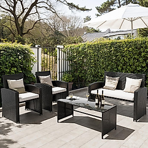 Amopatio Outdoor Furniture Set,4 Pieces Black Rattan Wicker Conversation Sets Sectional Sofa with White Cushions