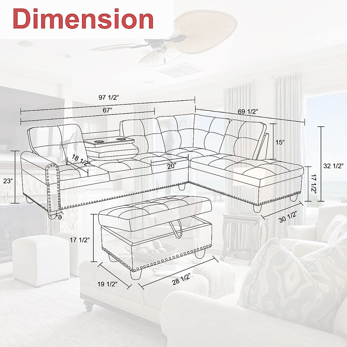 LOPOO Modern Red L-Shaped Sectional Couch, Button Tufted Upholstered Modular Faux Leather Large Sofas with Chaise Lounge, Living Room Furniture Sets w/Foldable Console and Cup Holders (Red)