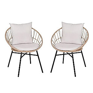 Flash Furniture Devon Set of 2 Indoor/Outdoor Modern Papasan Style Rope Patio Chairs, PE Rattan with Cushions, Tan/Light Gray