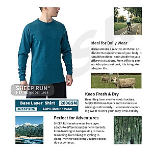 SHEEP RUN 100% Merino Wool Men's Wicking Breathable Base Layer Hiking Running Long Sleeve Shirt (Carmine, Medium)
