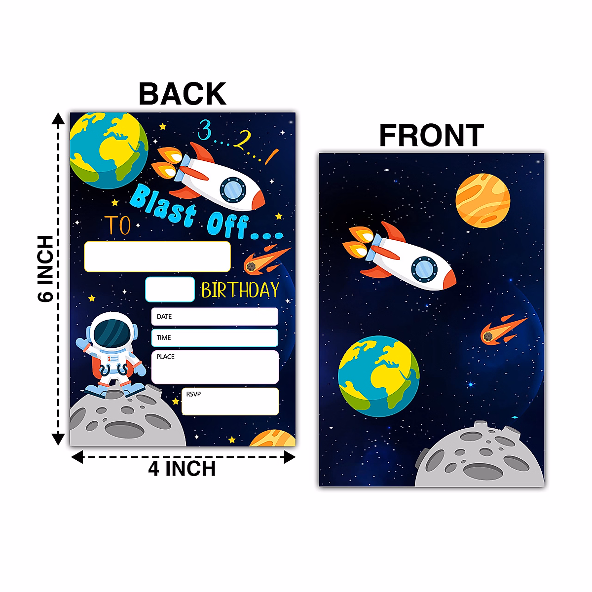 Buildinest Outer Space Birthday Party Invitations with Envelopes (20-Pack), 4"x6" Planets Rocket Ship Astronaut Birthday Invitation Cards, Galaxy Blast Off Party Invites-B15