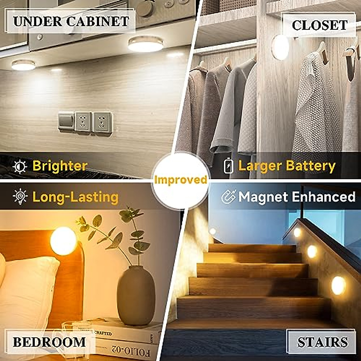 Okerich Improved LED Rechargeable Motion Sensor Light Indoor, Long-Lasting Battery, Closet Lights Motion Sensored, Motion Sensor Night Light, Wireless Puck Lights for Closet, Cabinet, Kitchen