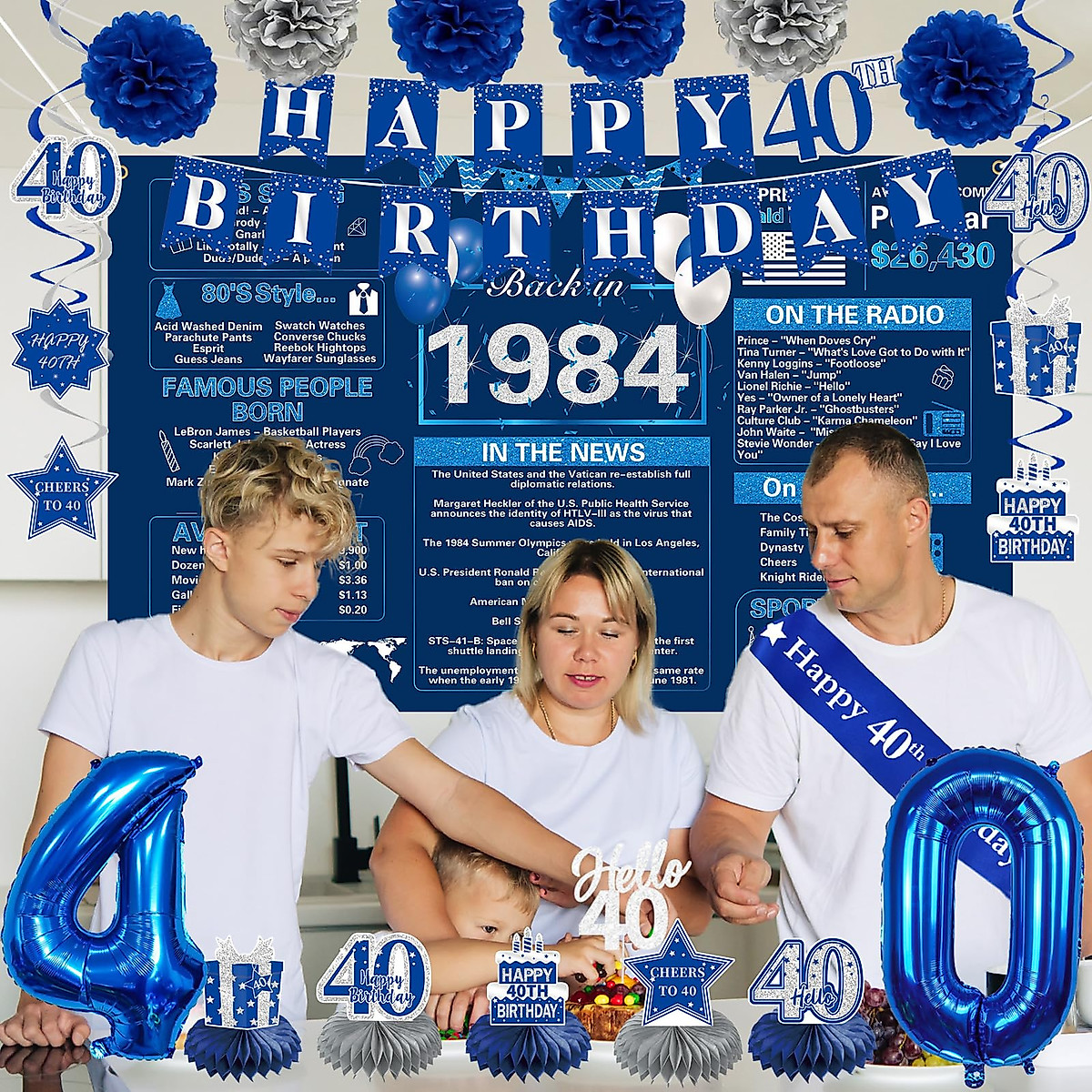Crenics 40th Birthday Decorations for Men Women - Blue Back in 1984 Birthday Backdrop, 40th Birthday Banner, Hanging Swirls, Honeycomb, Sash and Cake Topper for 1984 Birthday Decorations