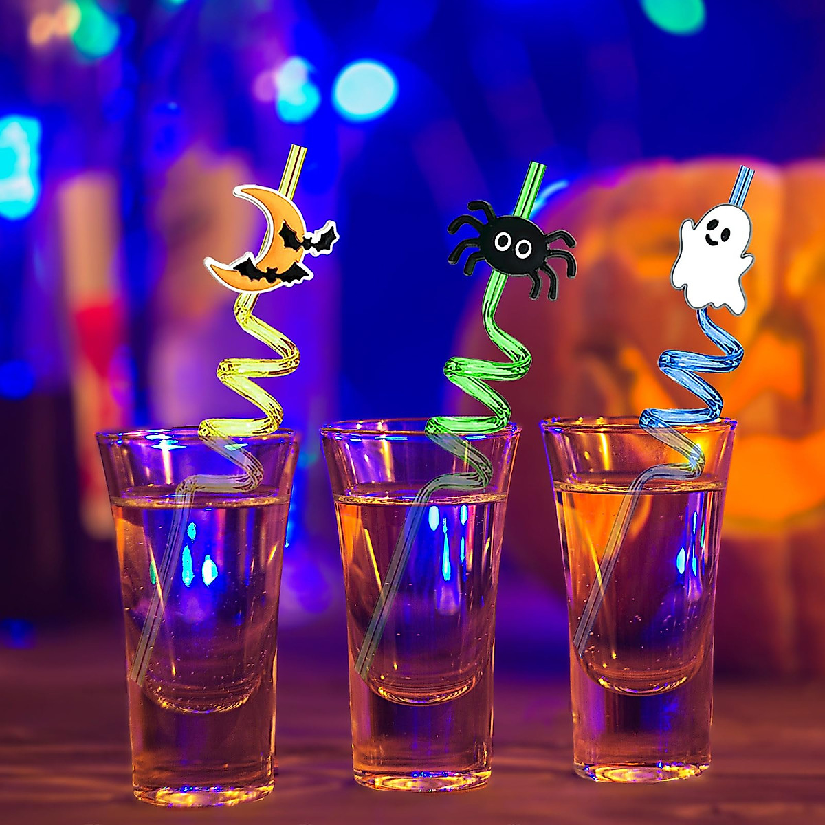 TUWUNA Halloween Party Favors 24Pcs Pumpkin Ghost Spider Bat Cat Halloween Theme Straws for Kids Halloween Party Supplies Decorations with 2 Cleaning Brushes