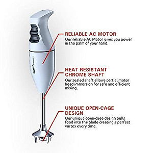 The Expert NSF bamix - Professional Immersion Hand Blender – 200W Motor- Aerating, Blending, and Chopping Blades – 2 speeds-BPA free-White/Light Grey-Ergonomic Grip