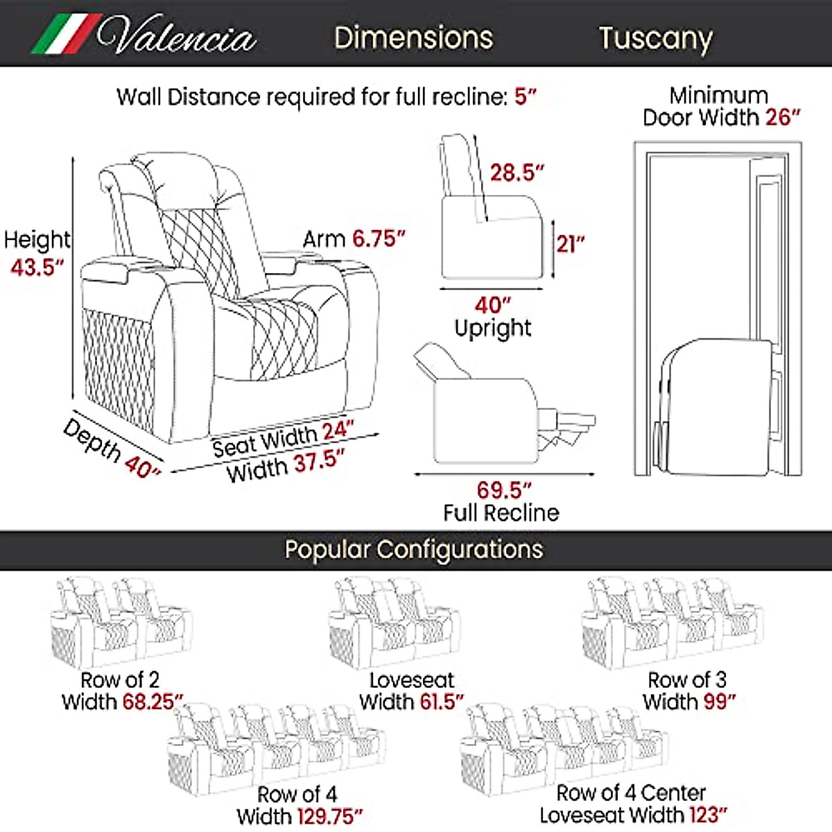 Valencia Tuscany Recliner | Premium Top Grain Italian Nappa 11000 Leather, Power Reclining, Power Lumbar Support, Power Headrest (Single Recliner, Black)