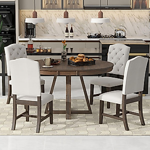 POCIYIHOME 5-Piece Retro Functional Set, Extendable Round 16" W Leaf, 4 Upholstered Family Dinner Dining Room, 5pc Farmhouse Kitchen Table/Chairs for 4 (Walnut)