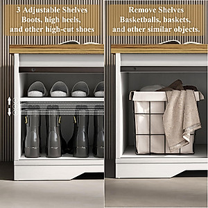 SAINTCY Shoe Bench Entryway with Storage, Modern Grey Shoe Cabinet with Sliding Barn Door, Storage Indoor Bench with 3 Adjustable Shelves for Entryway, Bedroom, Hallway