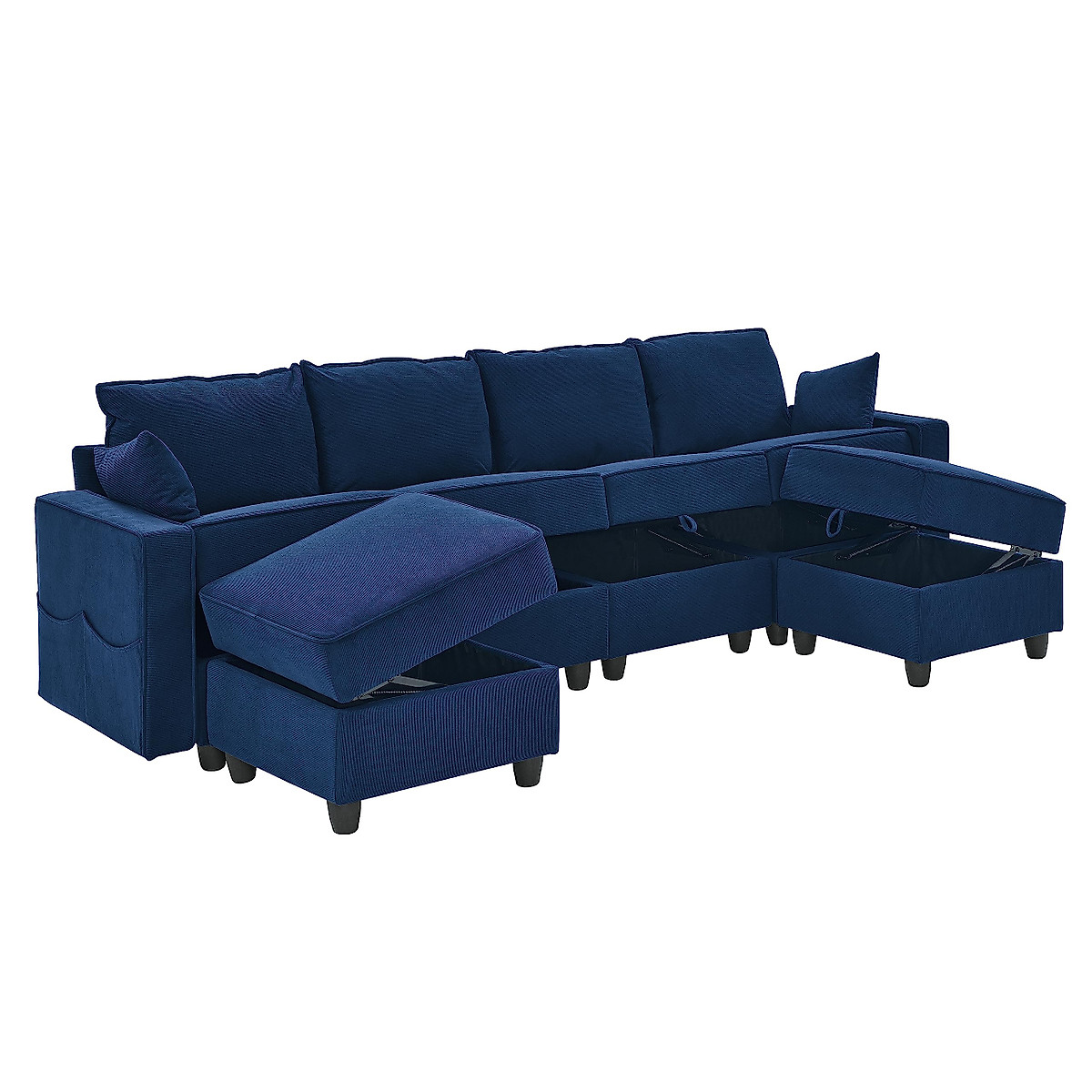 kevinplus 112.6" Modular Sectional Sofa Couch with Storage for Living Room, Modern Contemporary 4-Seat U-Shape Sofa Couch 2 Reversible Ottoman for Apartment, Corduroy Velvet, Navy Blue (2 Ottoman)