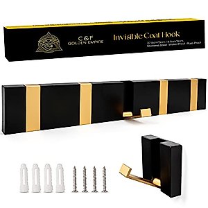 Folding Wall Hooks Invisible for Hanging - 2 Pack Black-Gold Hanging Hooks - Hangers Wall Mounted - Coat Hooks Heavy Duty Stainless Steel - Towel Wall Hooks for Hanging Coats Purse Hat Bag Keys Robe